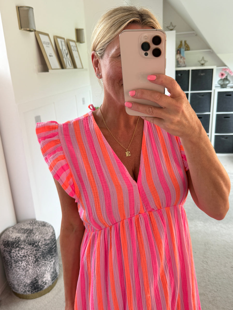 Neon Stripe Frill Sleeve V Neck Dress – Boutiquemma